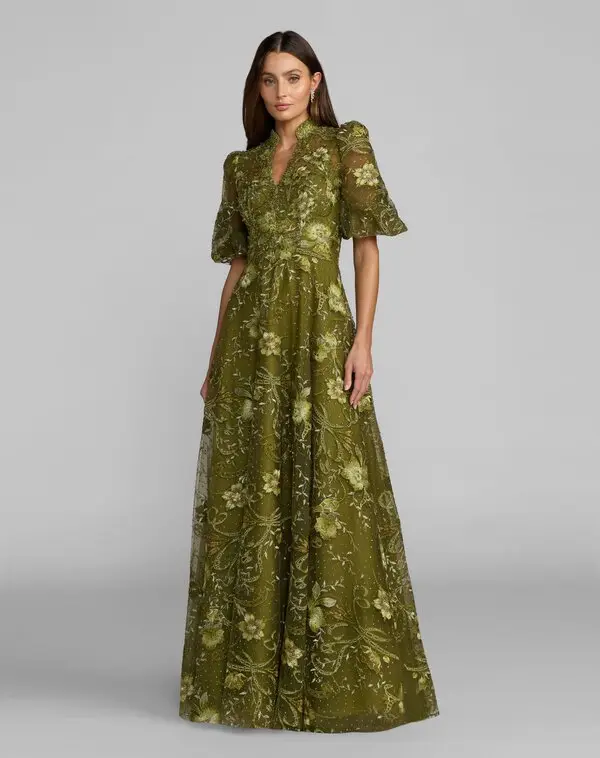 Mac Duggal Puff Sleeve Embroidered A-line Gown - Green