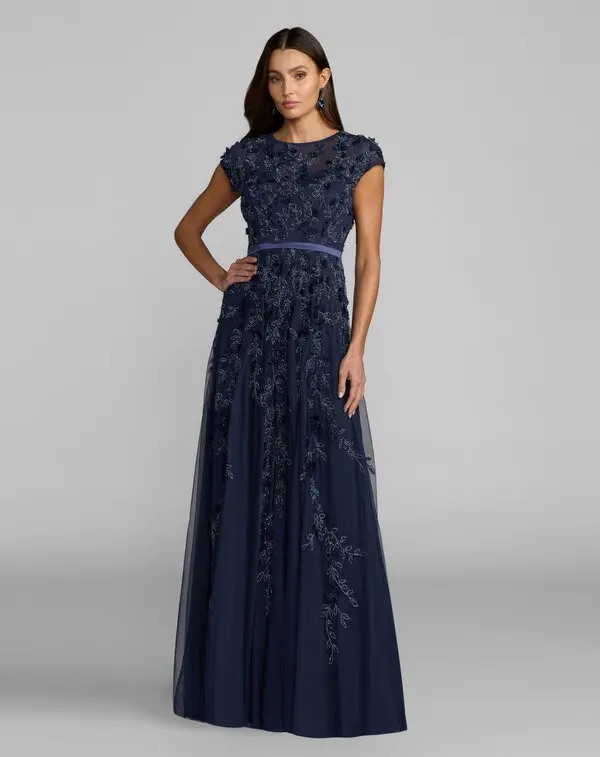 Mac Duggal Floral Embellished Cap Sleeve Gown - Navy