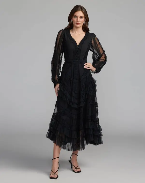 Mac Duggal Long Sleeve V-neck Micro Ruffle Midi Dress