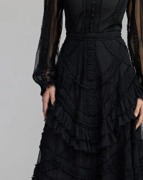 Mac Duggal Long Sleeve V-neck Micro Ruffle Midi Dress