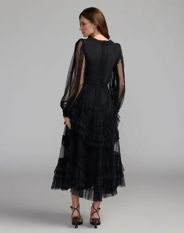 Mac Duggal Long Sleeve V-neck Micro Ruffle Midi Dress