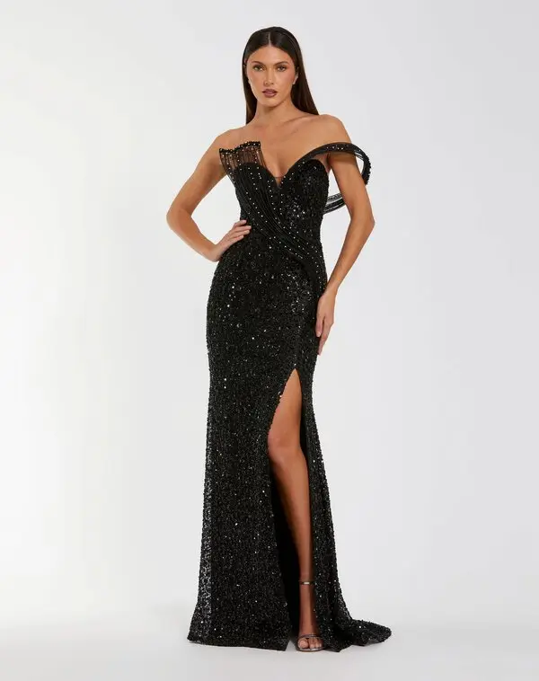 MAC DUGGAL COLLECTION Petite Embellished Strapless Gown With Sculptural Drape
