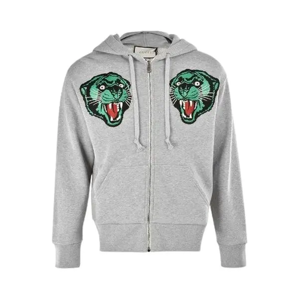 Gucci Embroidered Tiger Head Zip Hooded Sweatshrt Melange - Grey
