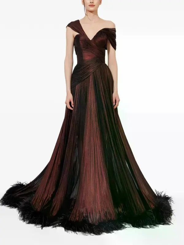 IRIS SERBAN Feather-trimmed Pleated Maxi Dress