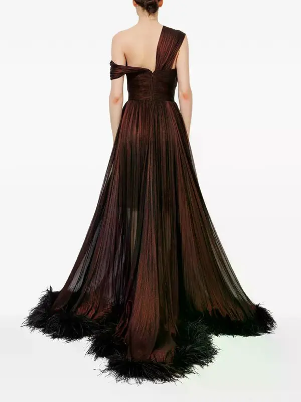 IRIS SERBAN Feather-trimmed Pleated Maxi Dress