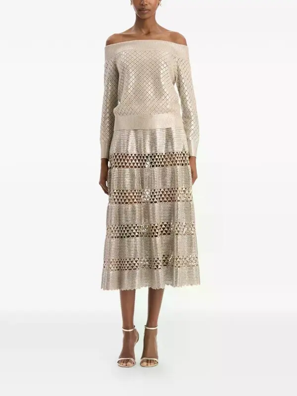 Oscar De La Renta Silver Foil Off-shoulder Pullover