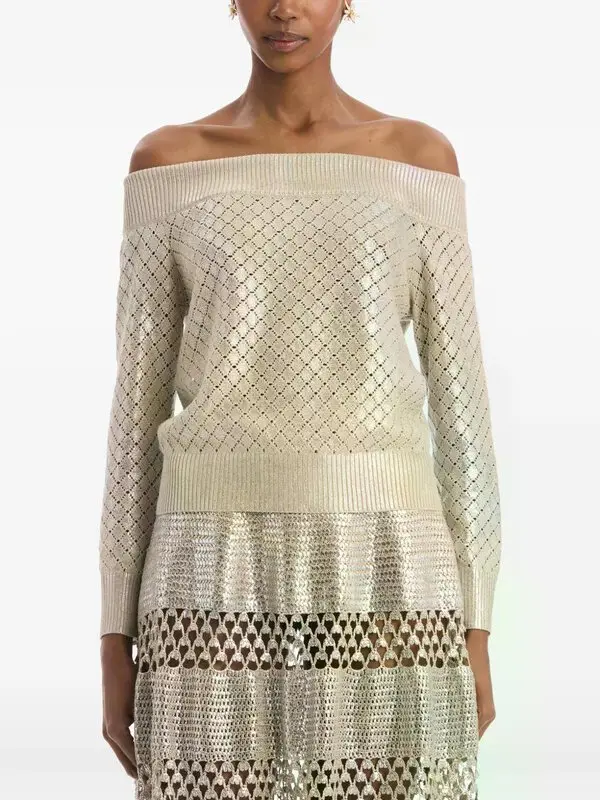 Oscar De La Renta Silver Foil Off-shoulder Pullover