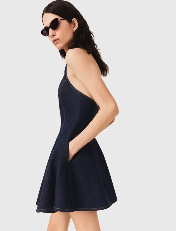 Maje Halterneck Denim Dress With Brooch Detail