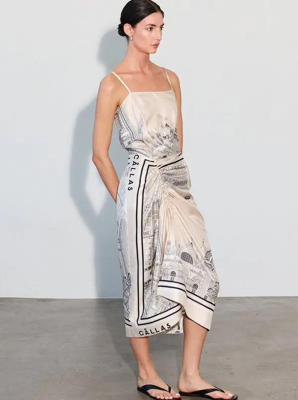 CALLAS MILANO Câllas Angie Camisole Midi Dress In Venice Print Silk Twill - Travertine/white
