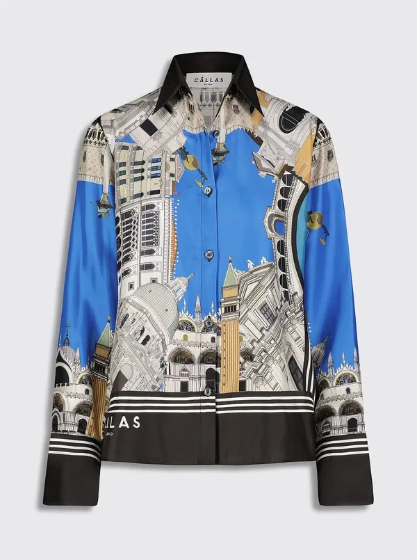 CALLAS MILANO Cameron Silk Twill Venice Print Shirt - Blue/black