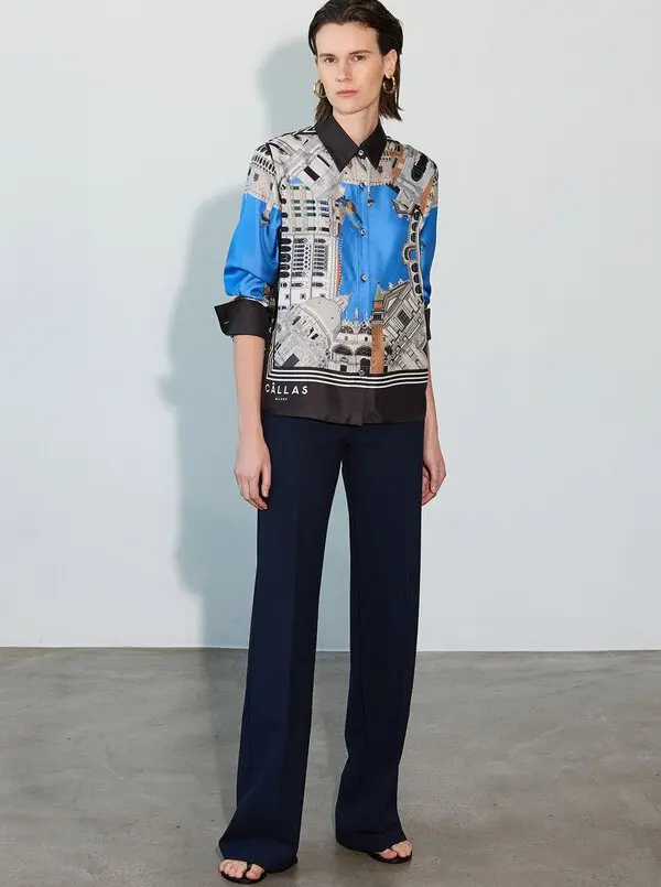 CALLAS MILANO Cameron Silk Twill Venice Print Shirt - Blue/black
