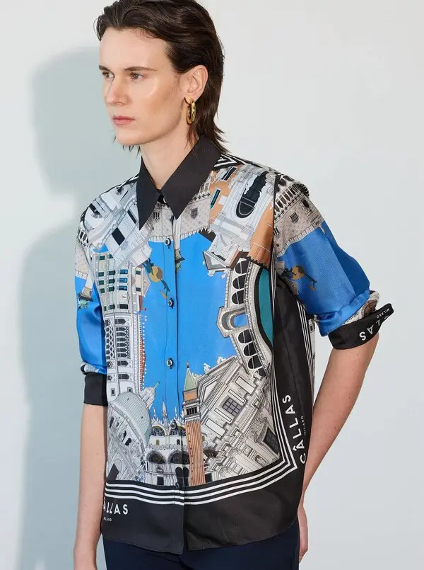 CALLAS MILANO Cameron Silk Twill Venice Print Shirt - Blue/black