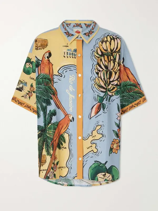 Farm Rio Beaches Path Printed Linen-blend Shirt - Blue