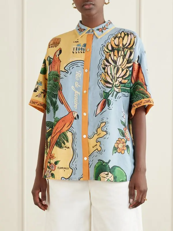 Farm Rio Beaches Path Printed Linen-blend Shirt - Blue