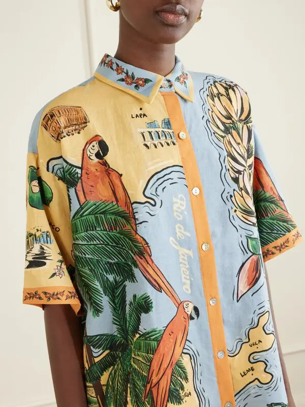Farm Rio Beaches Path Printed Linen-blend Shirt - Blue