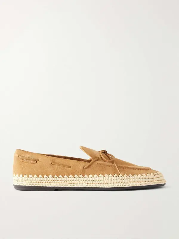 Tory Burch The Raffia Boaty Bow-detail Raffia-trimmed Suede Loafers - Brown