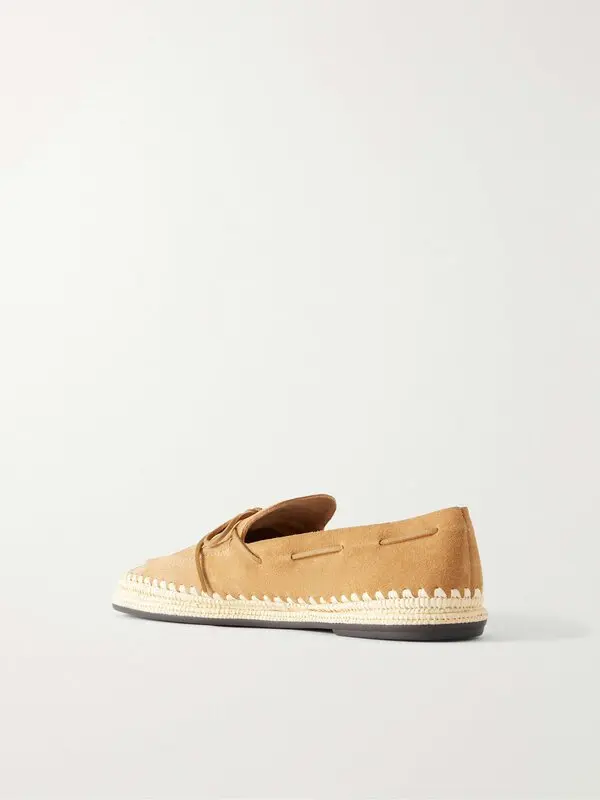 Tory Burch The Raffia Boaty Bow-detail Raffia-trimmed Suede Loafers