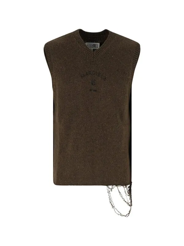 MAISON MARGIELA Wool Knit V-neck Vest With Distressed Hem And Chain Detail