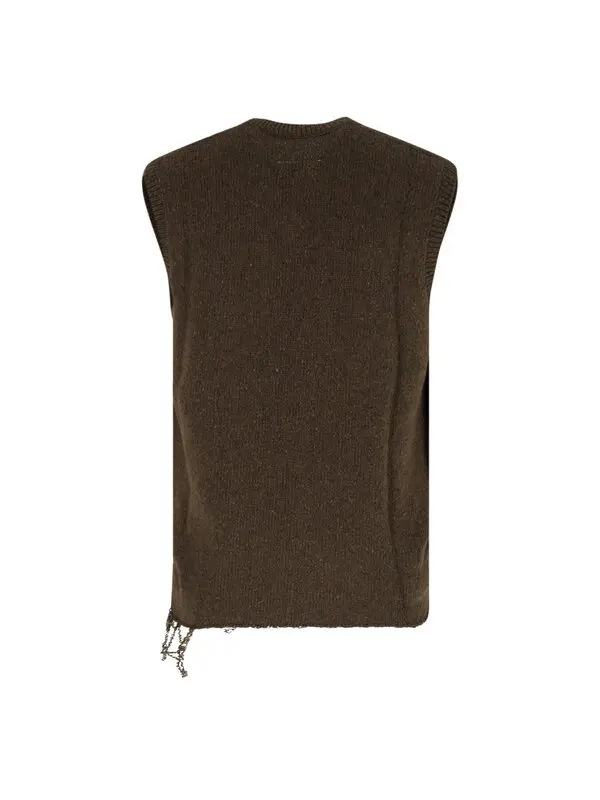 MAISON MARGIELA Wool Knit V-neck Vest With Distressed Hem And Chain Detail