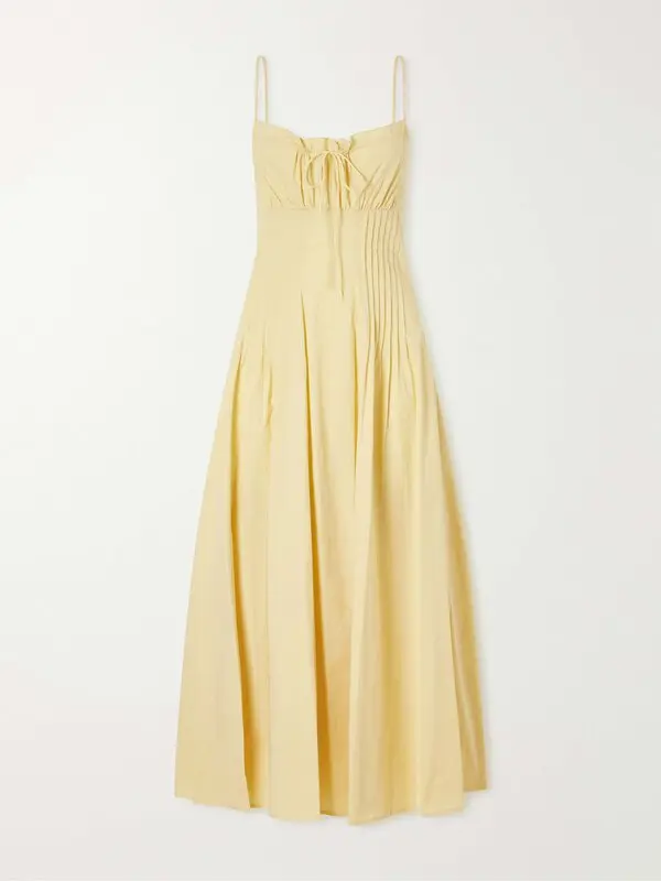 Staud Margi Ruffled Pleated Cotton-stretch Poplin Midi Dress - Yellow