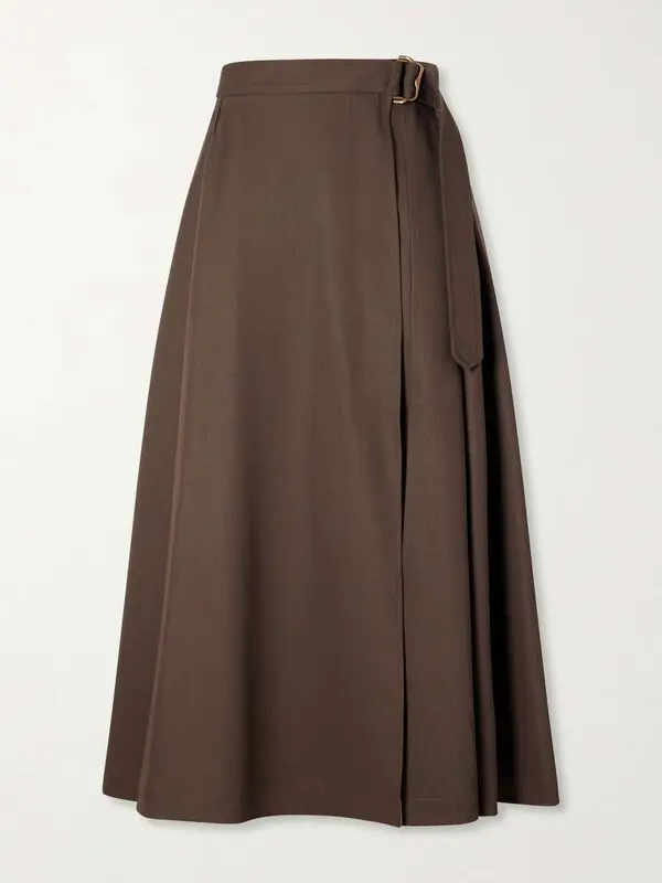 Burberry Belted Wool Gabardine Midi Skirt - Brown
