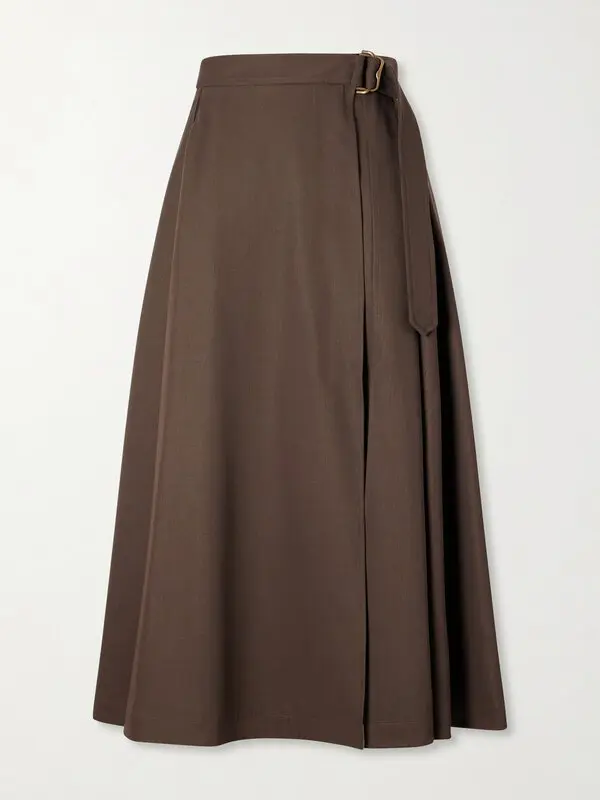 Burberry Belted Wool Gabardine Midi Skirt - Brown