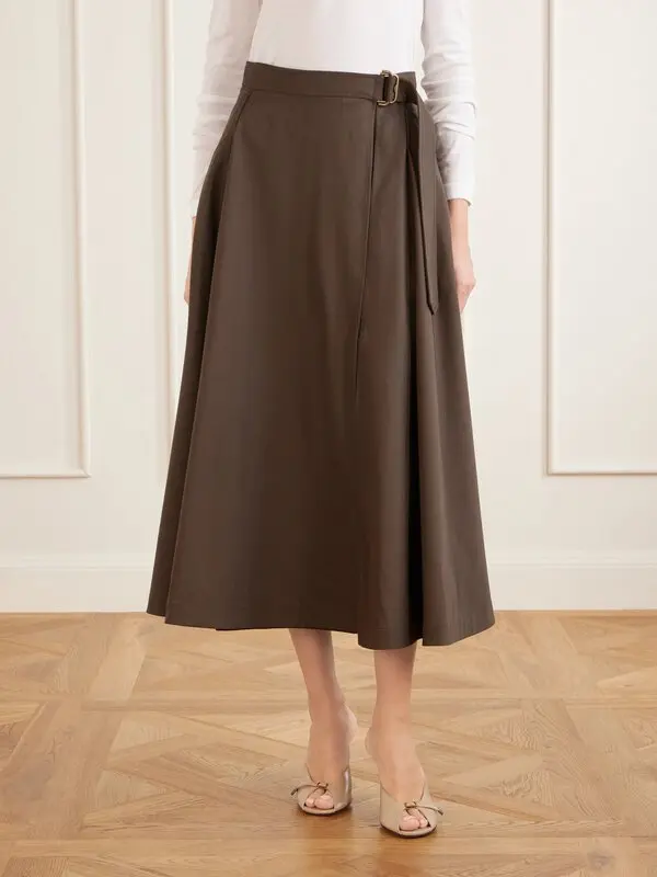 Burberry Belted Wool Gabardine Midi Skirt - Brown