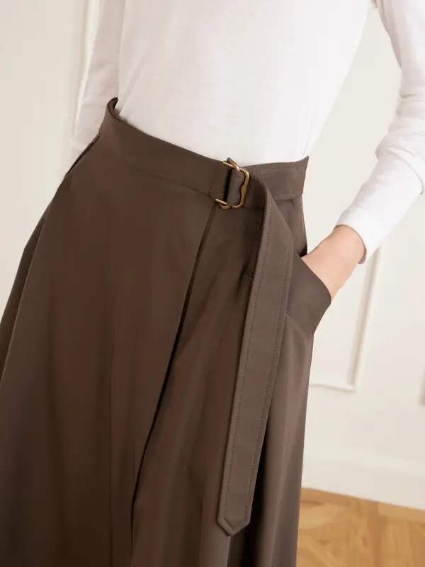 Burberry Belted Wool Gabardine Midi Skirt - Brown
