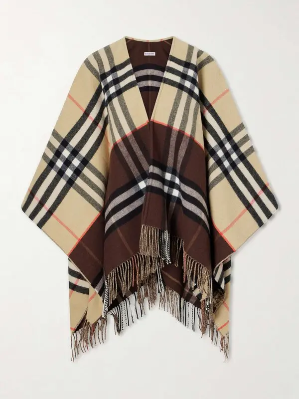 Burberry Fringed Checked Cashmere And Wool-blend Cape - Brown