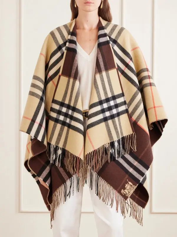 Burberry Fringed Checked Cashmere And Wool-blend Cape - Brown