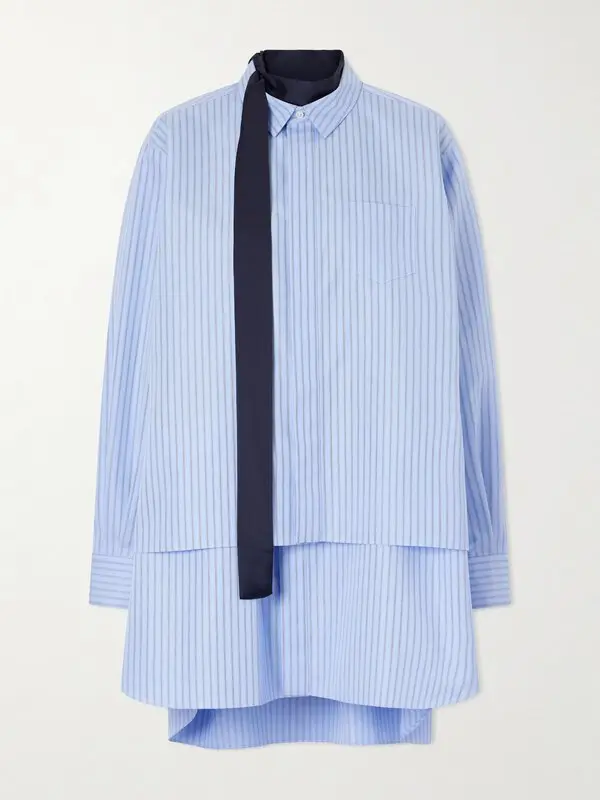 Sacai Scarf-detailed Striped Cotton-blend Poplin Mini Dress - Blue