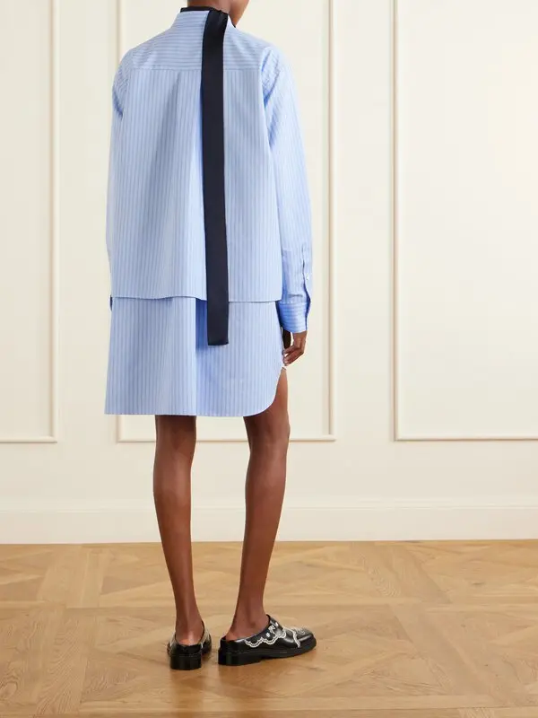 Sacai Scarf-detailed Striped Cotton-blend Poplin Mini Dress - Blue