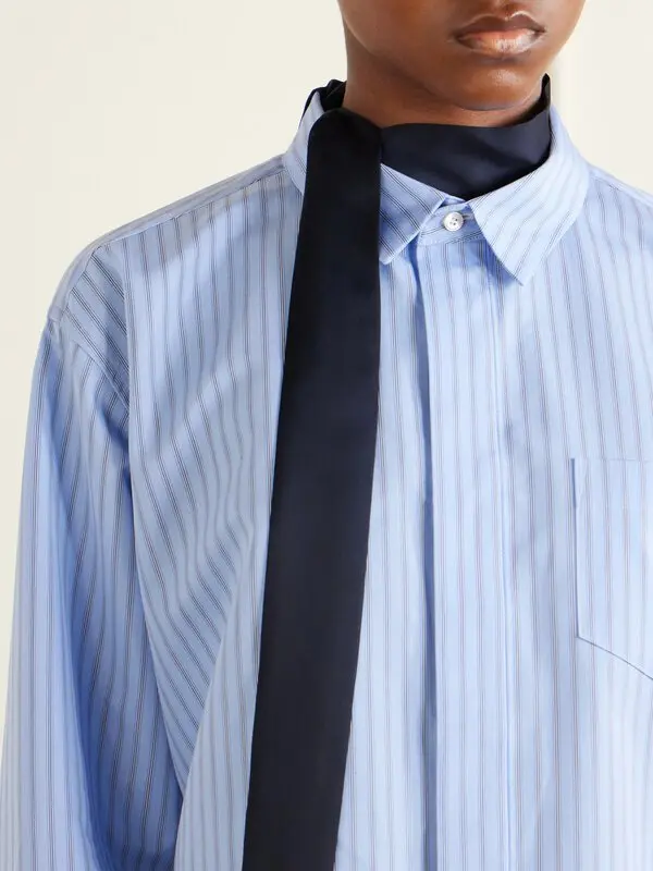 Sacai Scarf-detailed Striped Cotton-blend Poplin Mini Dress - Blue