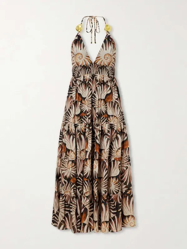 Farm Rio Embellished Printed Shirred Tiered Georgette Halterneck Midi Dress - Brown
