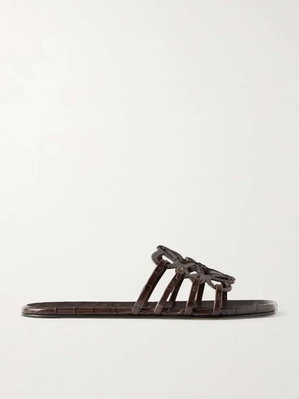Loewe Petal Anagram Croc-effect Leather Slides - Chocolate