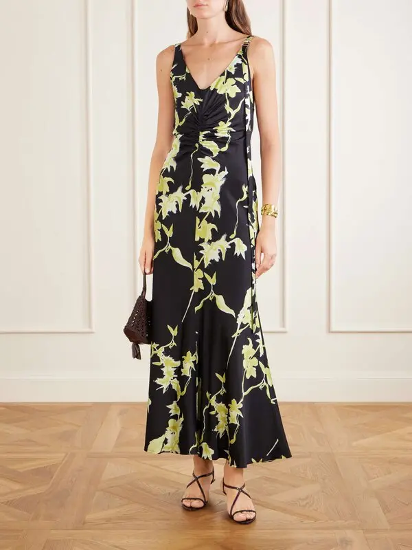 Sportmax Balia Gathered Printed Satin Maxi Dress