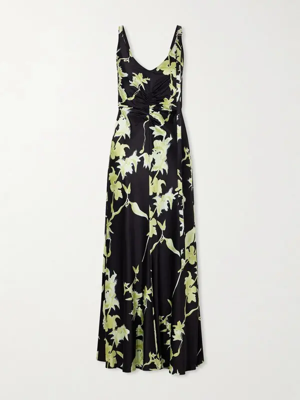 Sportmax Balia Gathered Printed Satin Maxi Dress - Black