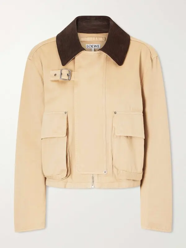 Loewe Cropped Belted Corduroy-trimmed Cotton Jacket - Beige