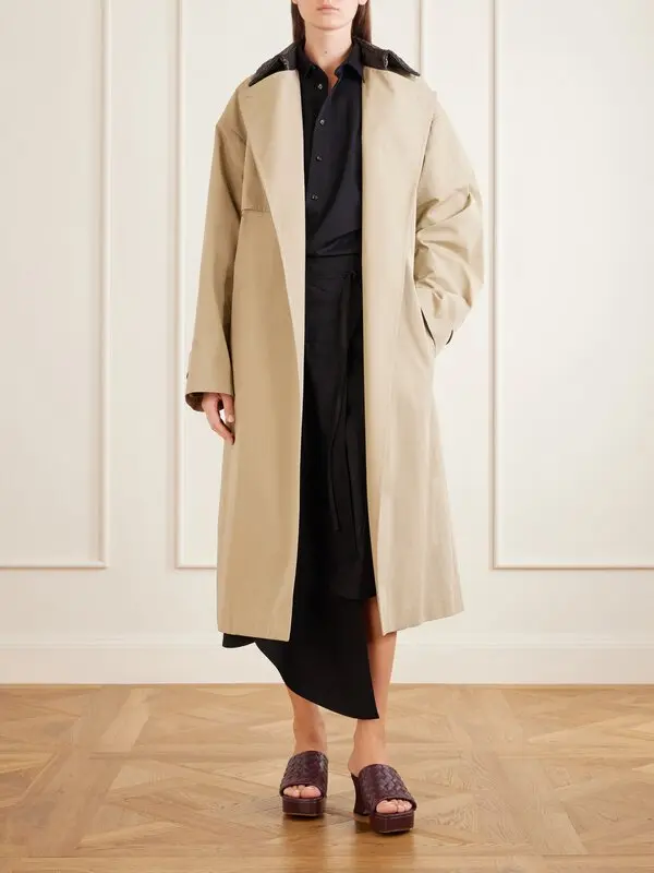 Bottega Veneta Belted Cotton Trench Coat With Intrecciato Leather Trim