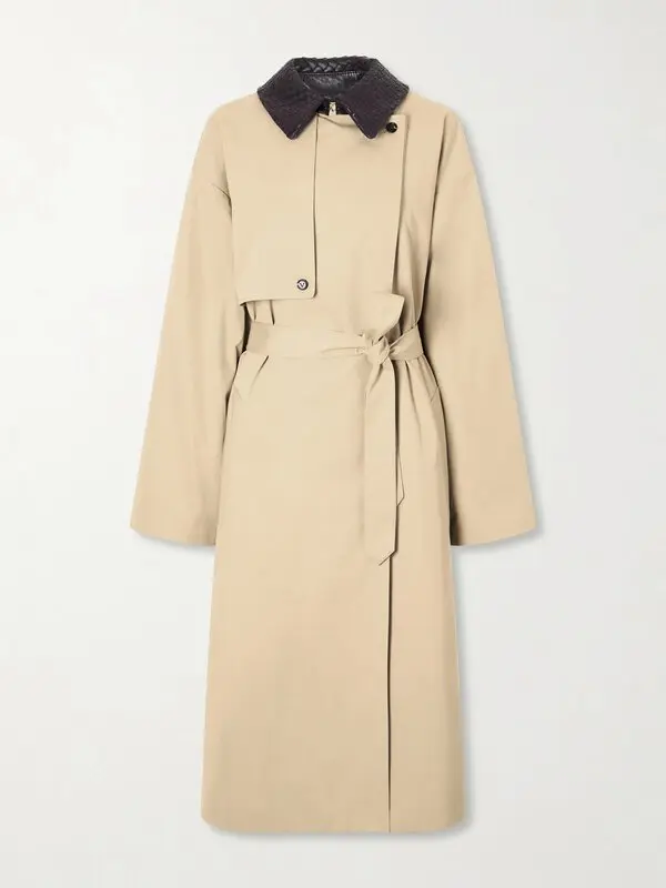 Bottega Veneta Belted Cotton Trench Coat With Intrecciato Leather Trim - Neutrals