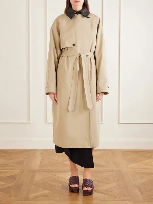 Bottega Veneta Belted Cotton Trench Coat With Intrecciato Leather Trim - Neutrals