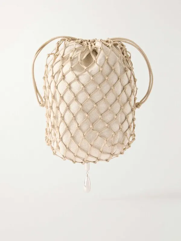 Savette Macrame Bead-embellished Canvas-trimmed Leather Clutch