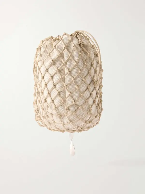 Savette Macrame Bead-embellished Canvas-trimmed Leather Clutch