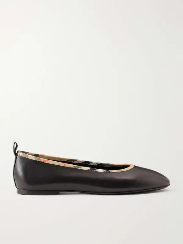 Burberry Check-trimmed Leather Ballet Flats
