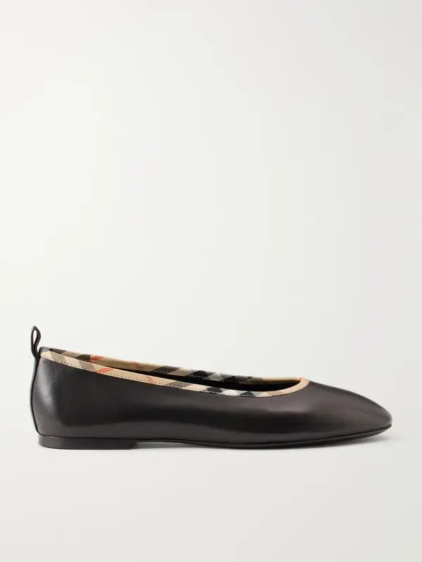 Burberry Leather Ballet Flats With Checked Trim - Black