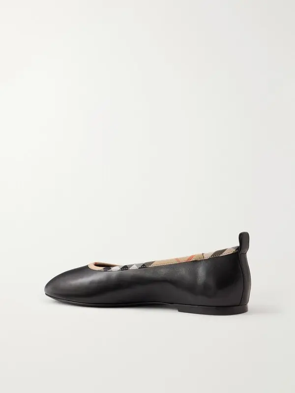 Burberry Leather Ballet Flats With Checked Trim - Black