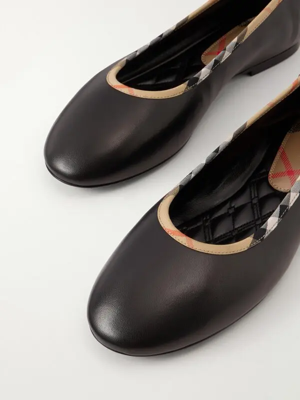 Burberry Leather Ballet Flats With Checked Trim - Black