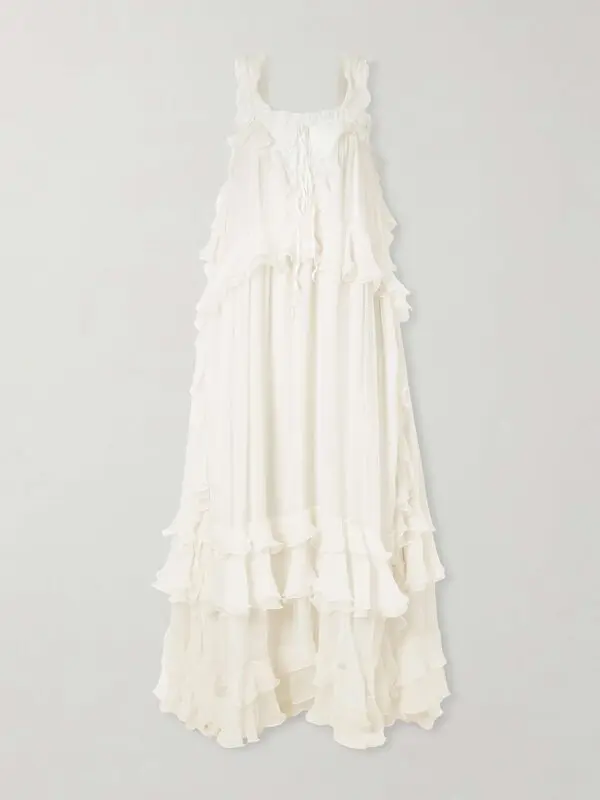 Chloé Ruffled Lace-trimmed Silk-crepon Gown