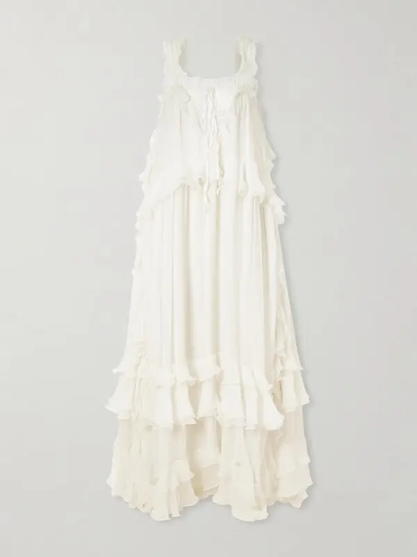 Chloé Ruffled Lace-trimmed Silk-crepon Gown - White