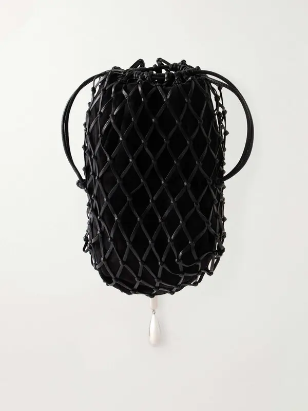 Savette Macrame Bead-embellished Suede-trimmed Leather Pouch